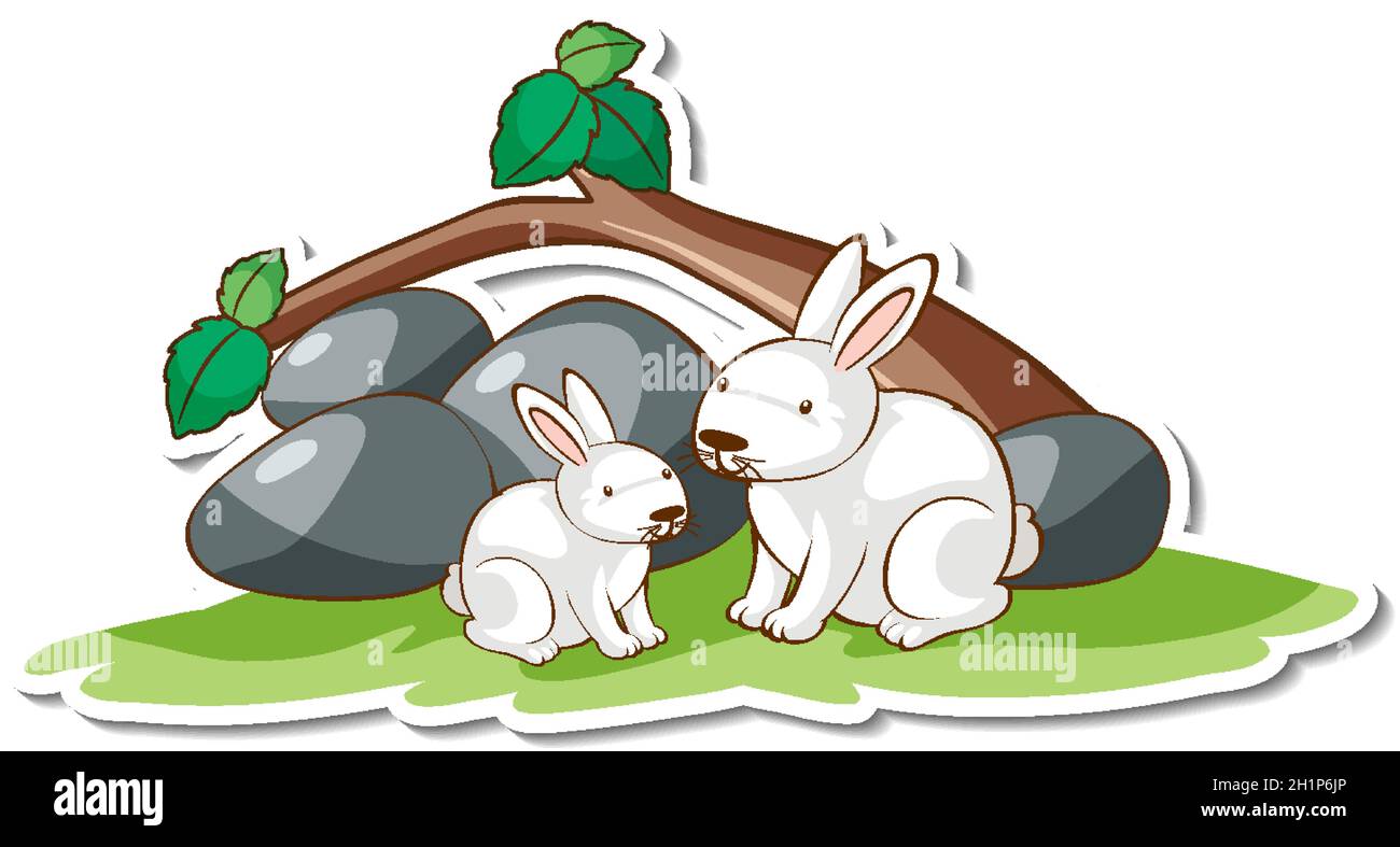 Two white rabbits with nature element sticker illustration Stock Vector ...
