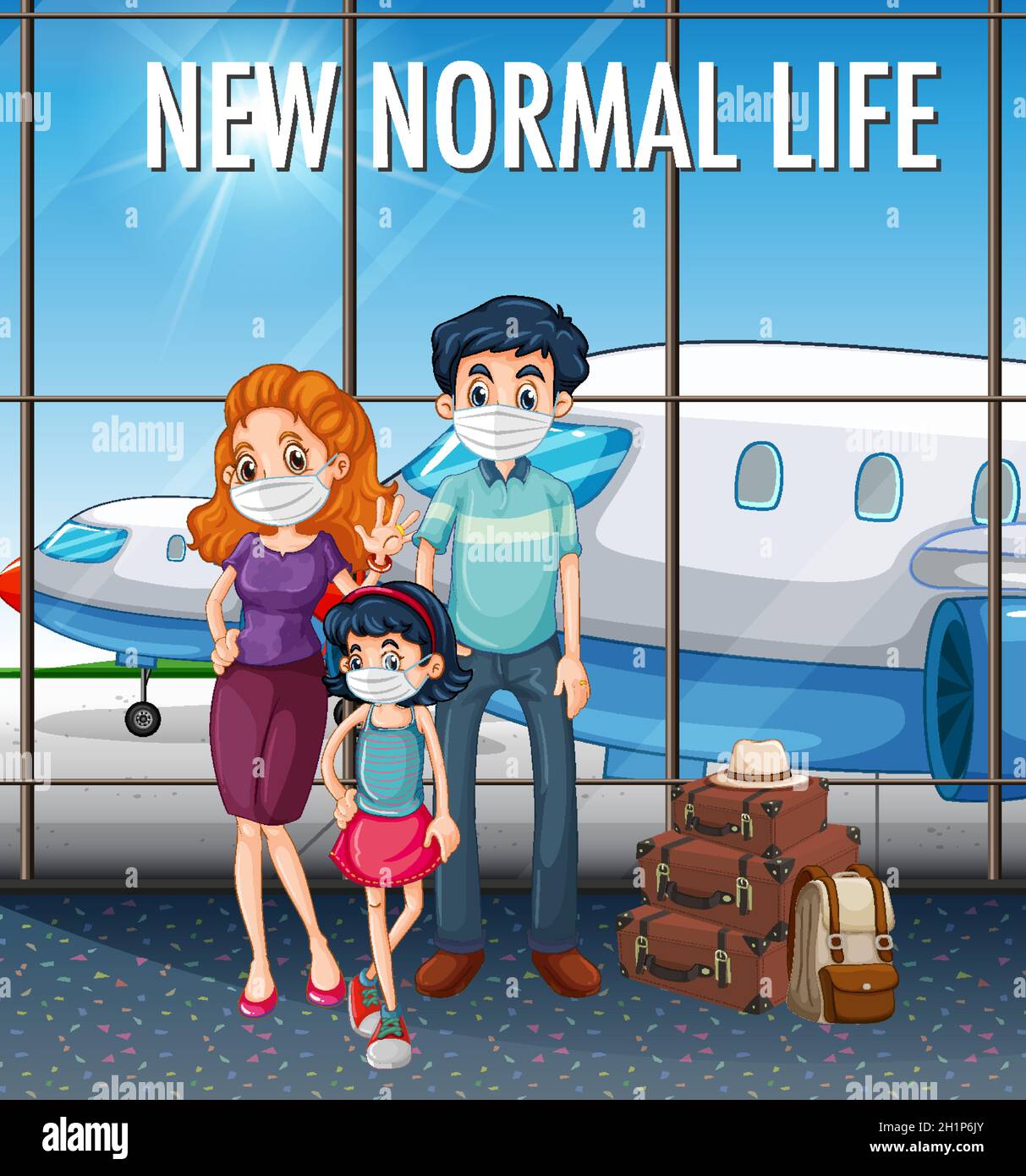 New Normal Life with happy family ready to travel at the airport ...