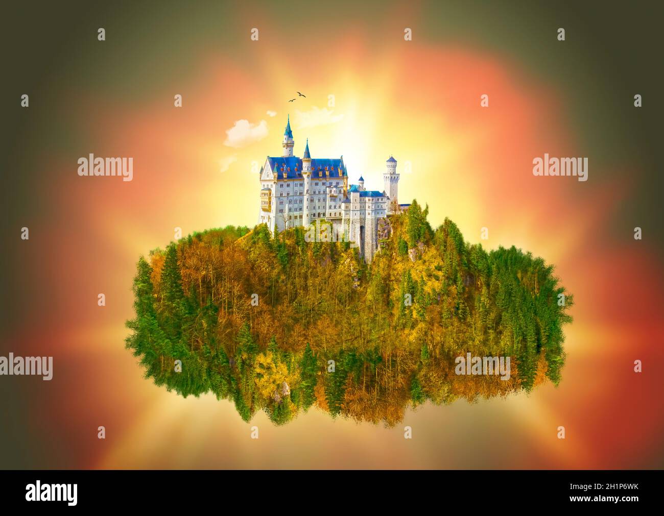 Fantazy green island with mountain and castle flying high in the sky ...