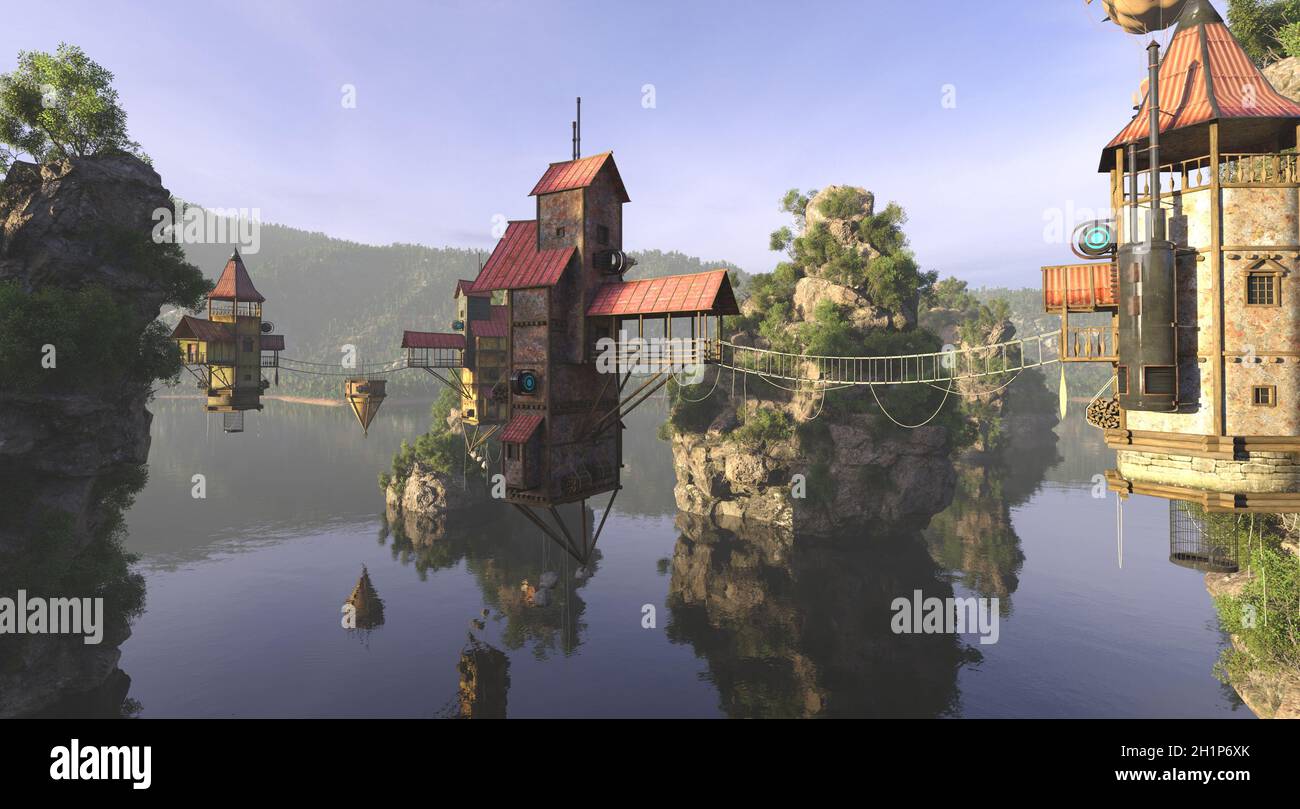 3D illustration amazing fantasy flying village and overgrown rocks ...
