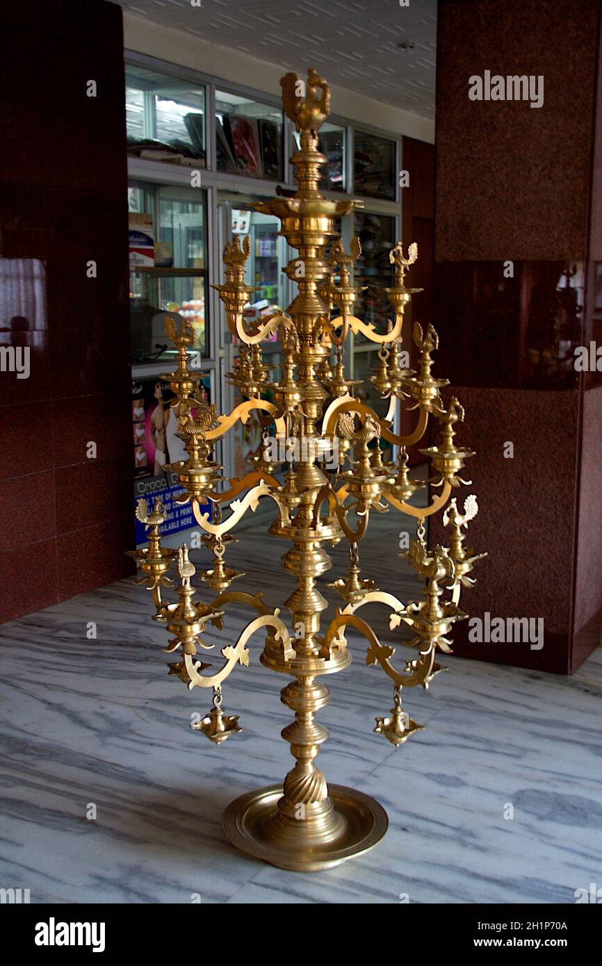 View of massive, decorative, brass, vertical, floor, oil lamp stand ...