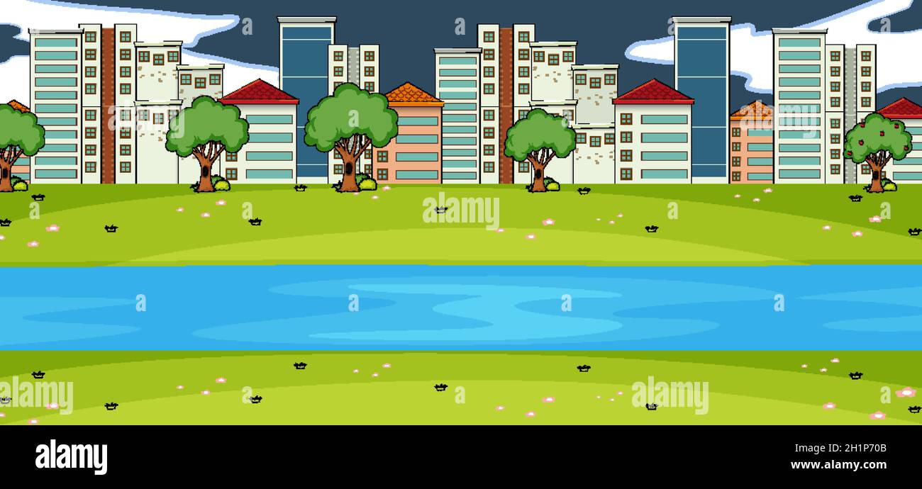 Horizontal scene with river and cityscape background illustration Stock ...