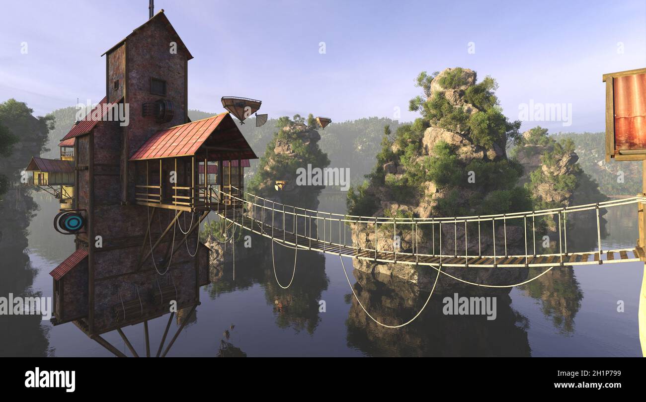 3D illustration amazing fantasy flying village and overgrown rocks ...
