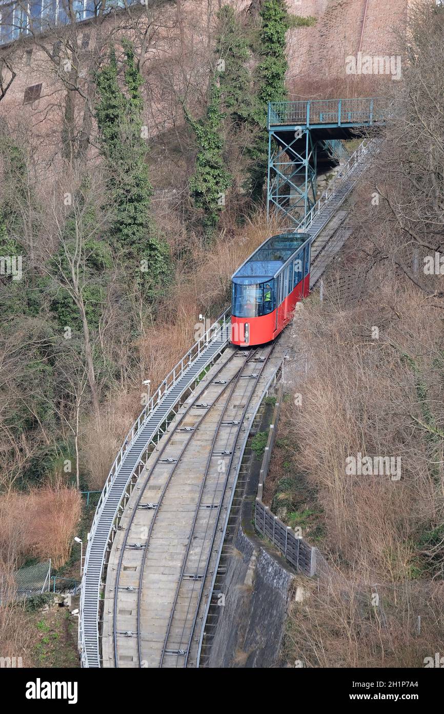 Modern funicular climbing to Schlossberg and Graz city panoramic view ...