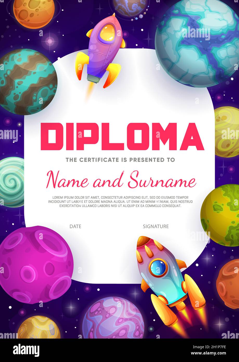 Kids diploma. Cartoon fantastic galaxy planets, spaceship and rockets ...