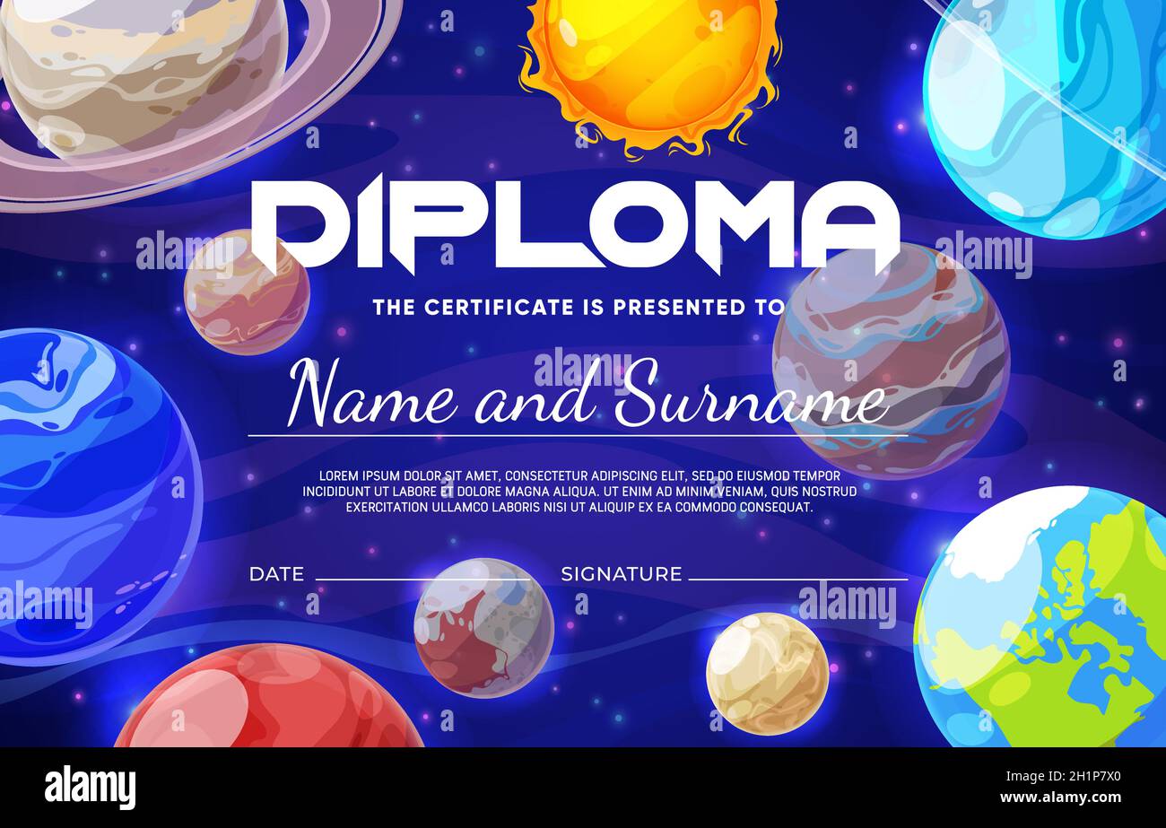 Kids diploma with cartoon galaxy space nebula and planets. Education ...