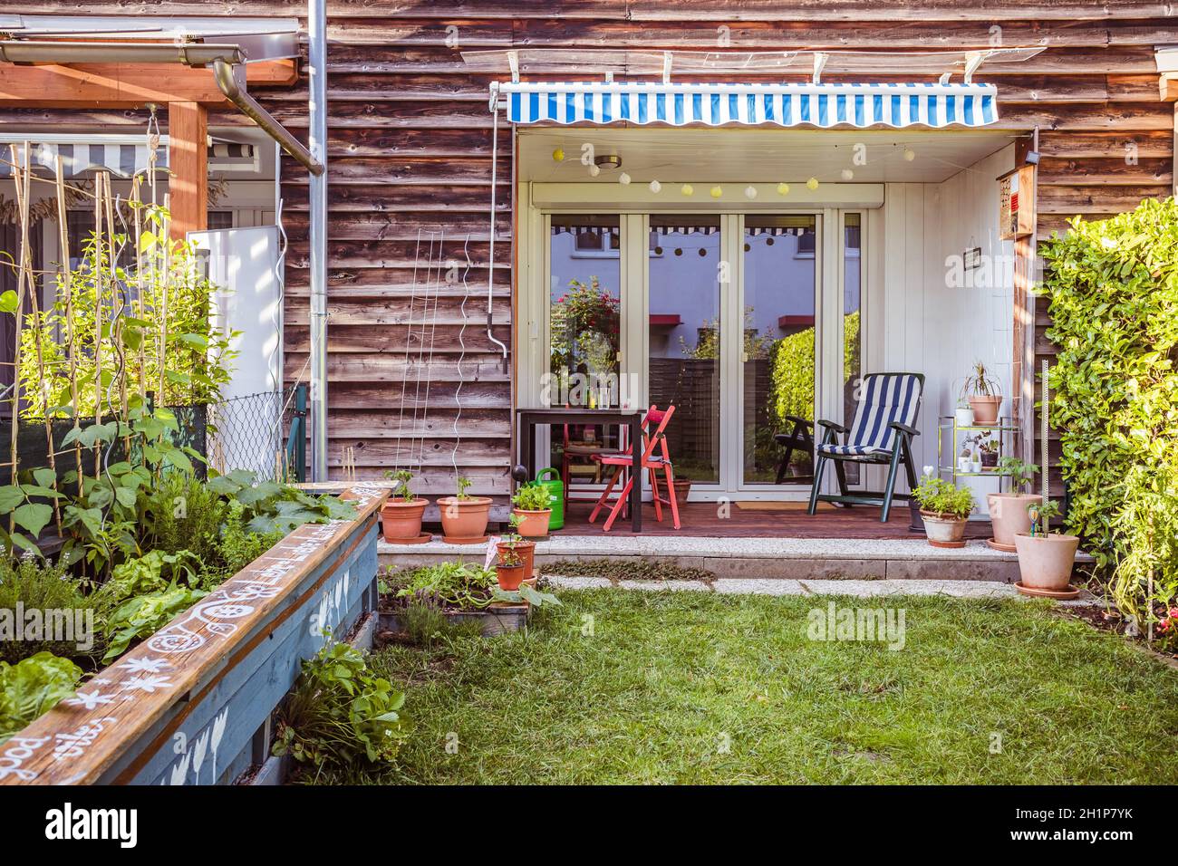 Little garden with green grass and flowers for having good times ...