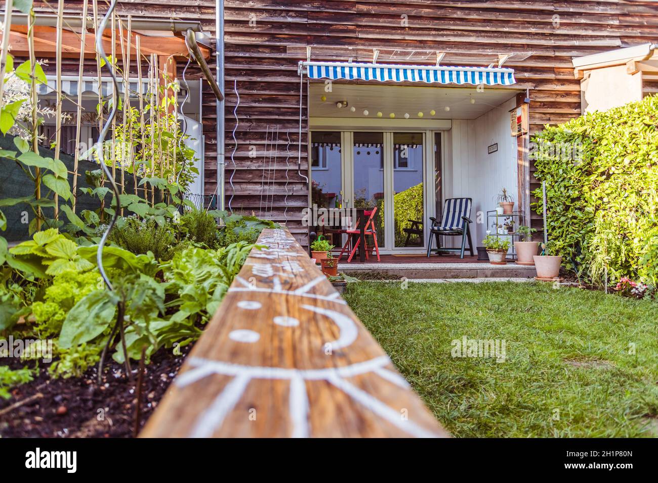 Little garden with green grass and flowers for having good times ...