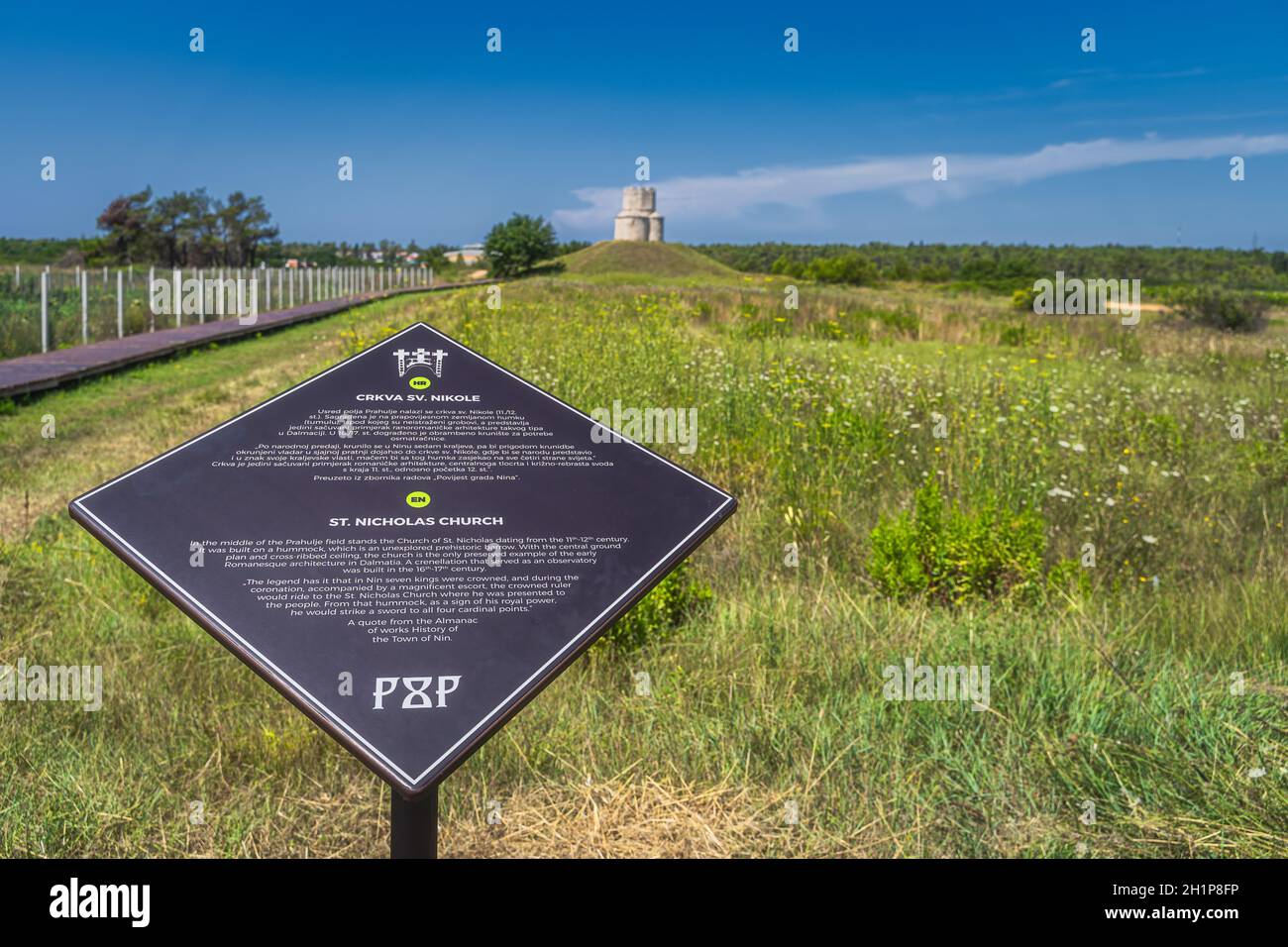 Nin, Croatia, July 2019 An information board or sign with historical ...