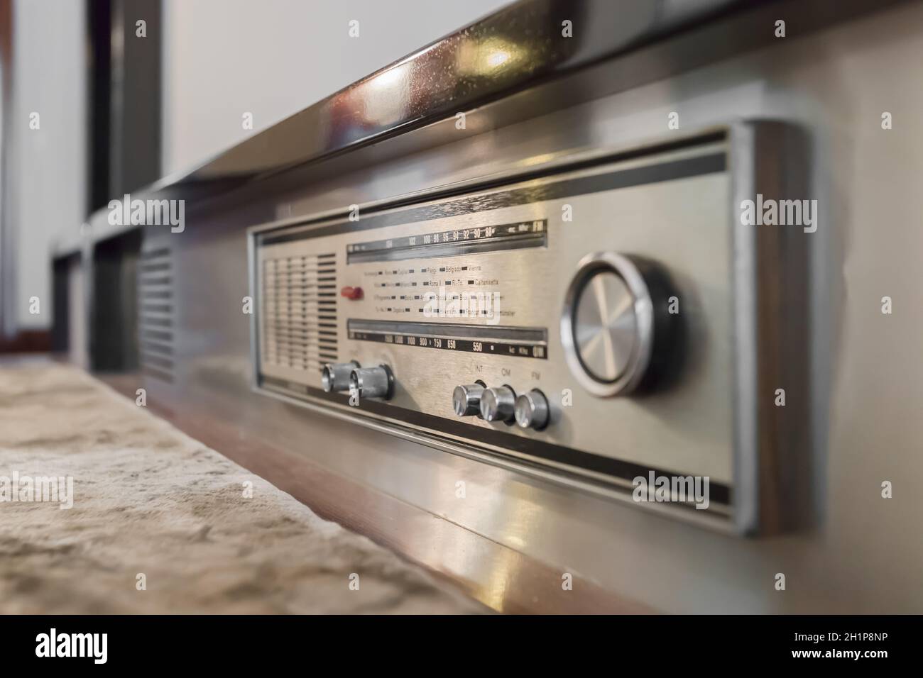 Wood vintage antique analog radio with radio dial. Retro technology ...