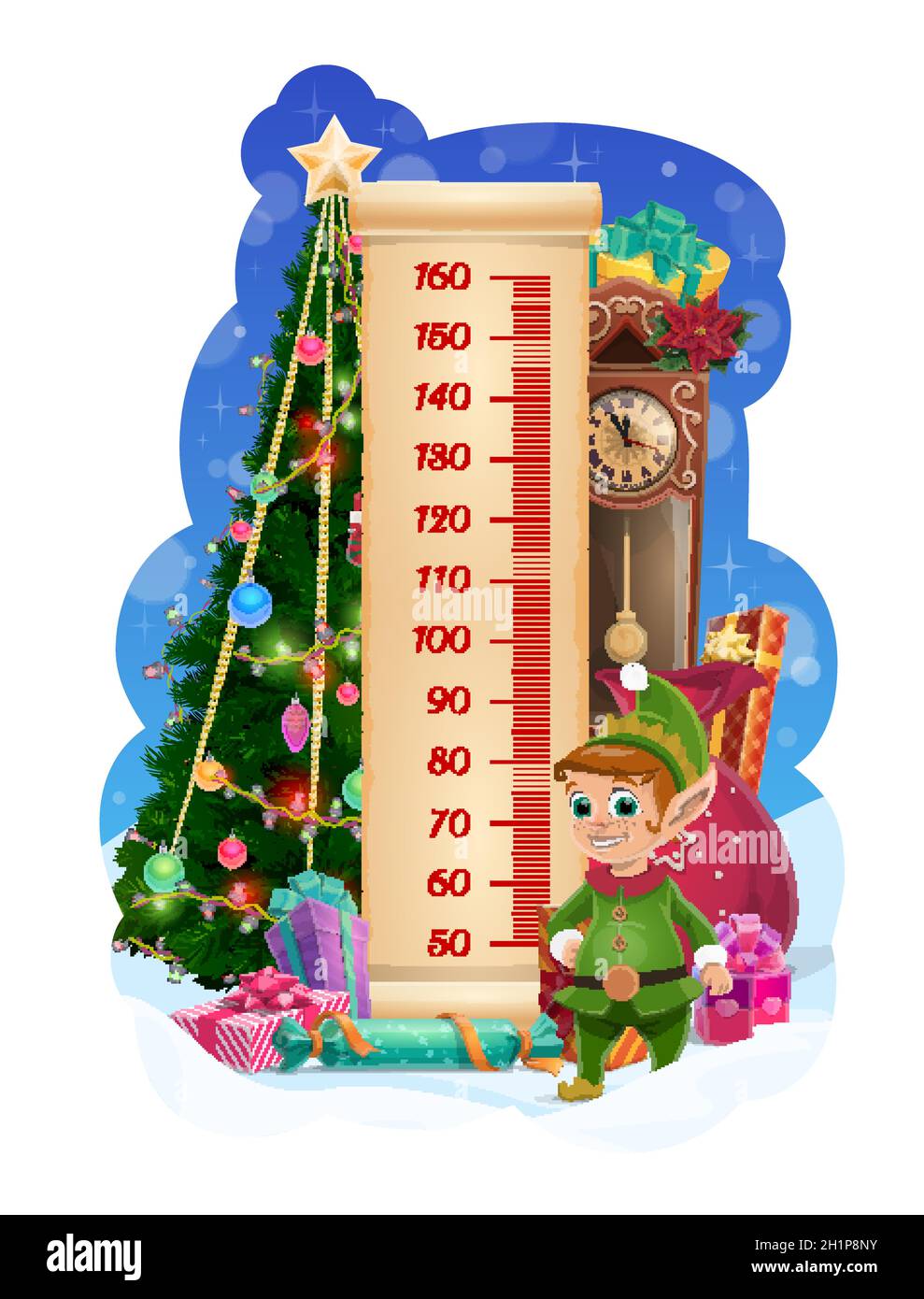 Kids height chart with Christmas tree and funny elf. Child growth ...