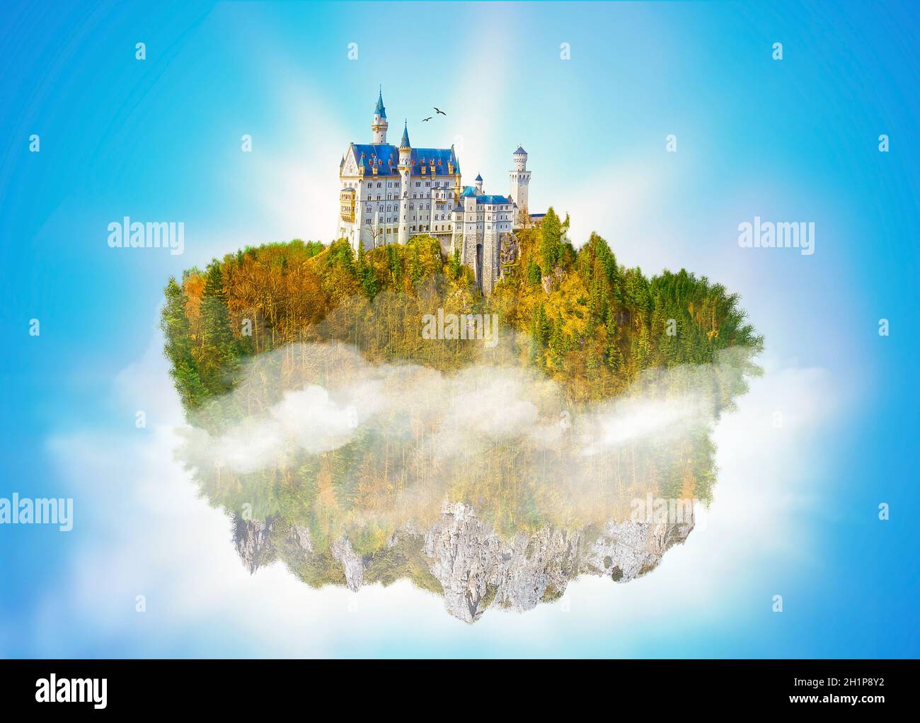 Fantazy green island with mountain and castle flying high in the sky ...