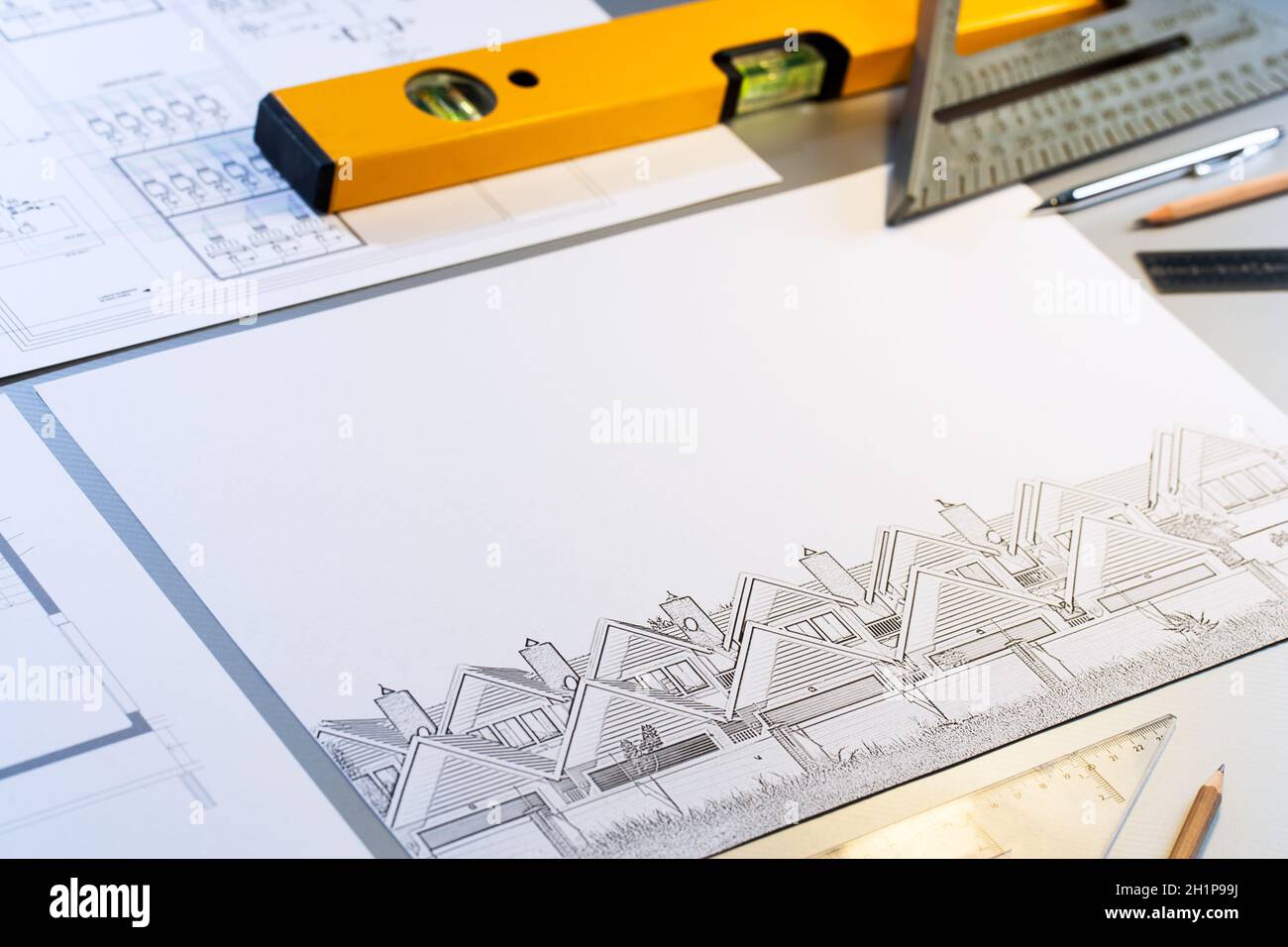 Close up of architectural design plans with measuring objects Stock ...