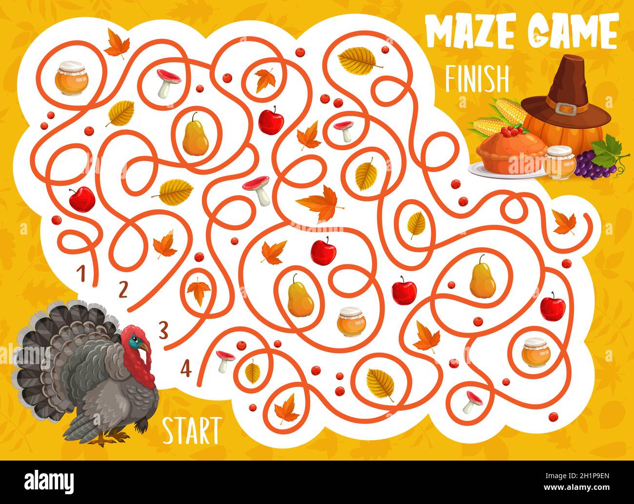 Thanksgiving labyrinth maze game, turkey bird, autumn pie, leaves and ...