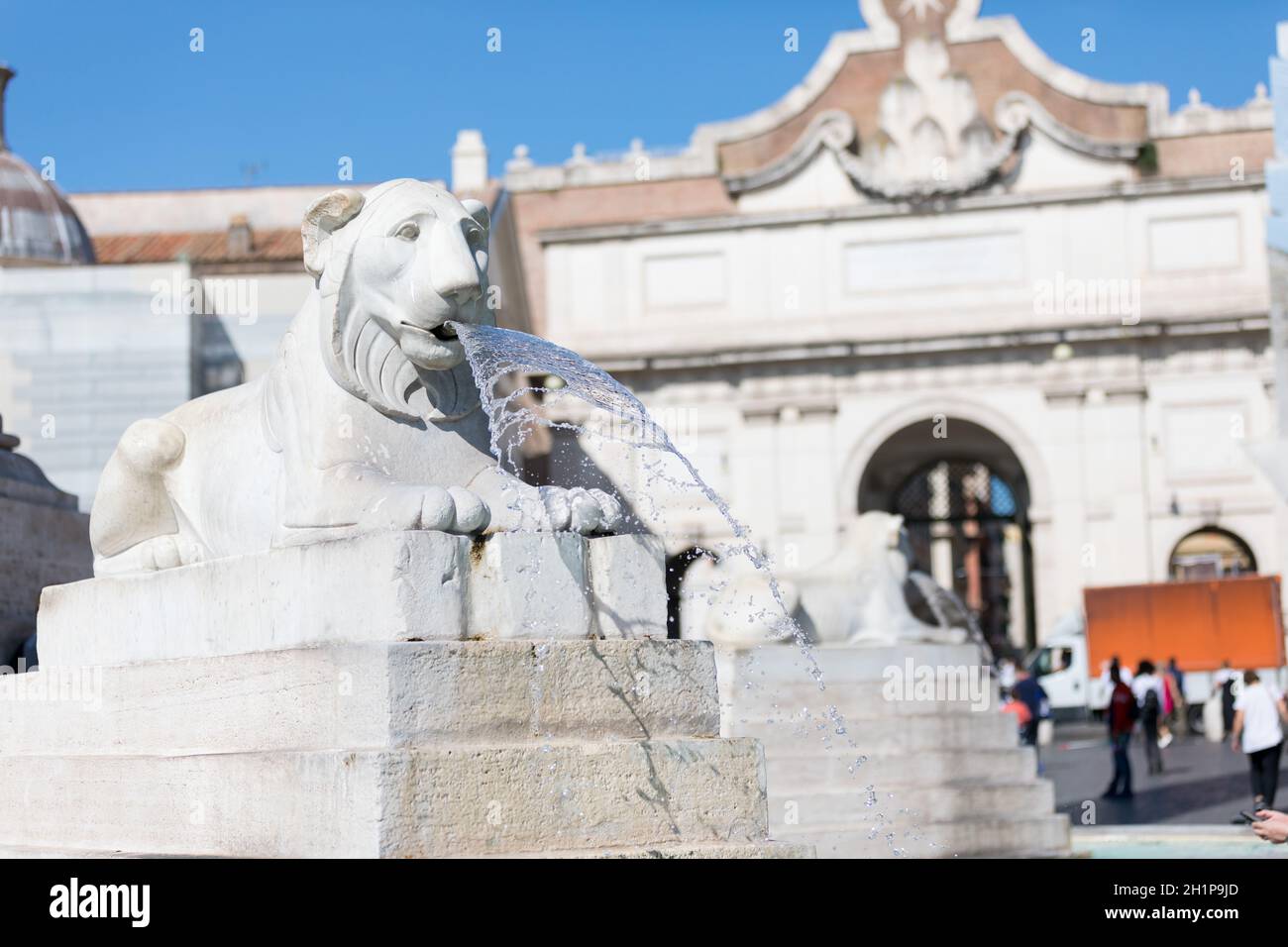 Statues in the Piazza del Popolo in Rome, Italy, the middle of Summer ...