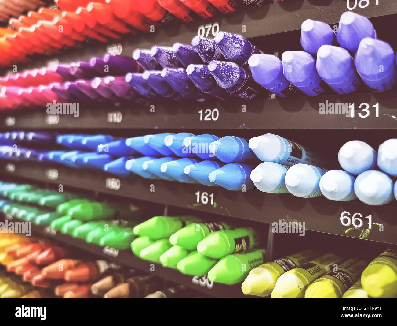 Close up of variety of colored pens in a stationery shop Stock Photo ...