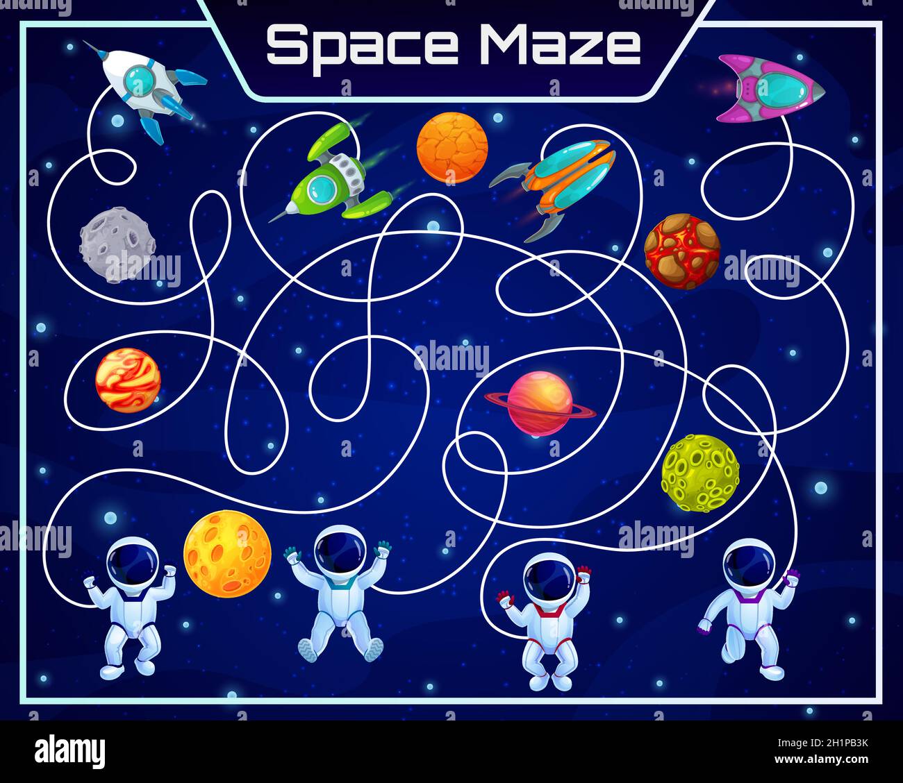 Galaxy space labyrinth maze with planets and astronauts. Kids board ...