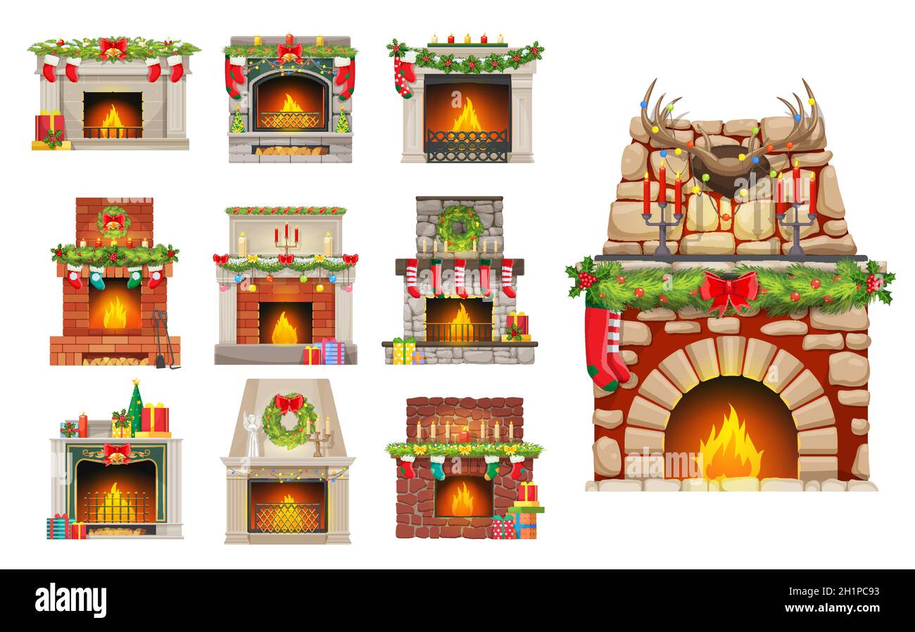 House fireplaces with Christmas decorations set. Stone, brick and ...