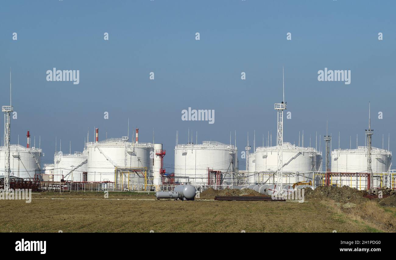Storage tanks for petroleum products. Equipment refinery Stock Photo ...