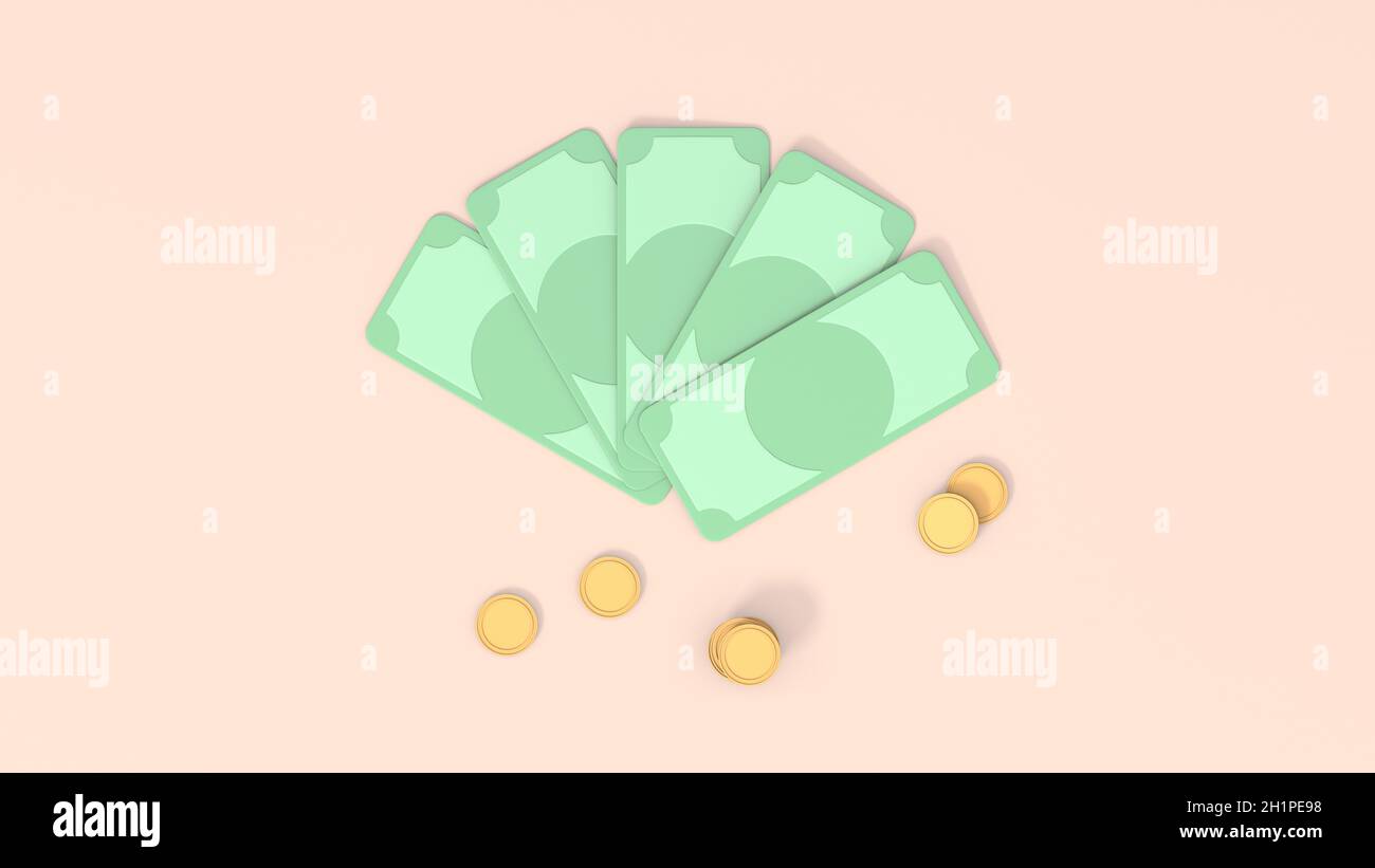 Top down view to cash of money on beige background. Banknotes and coins ...