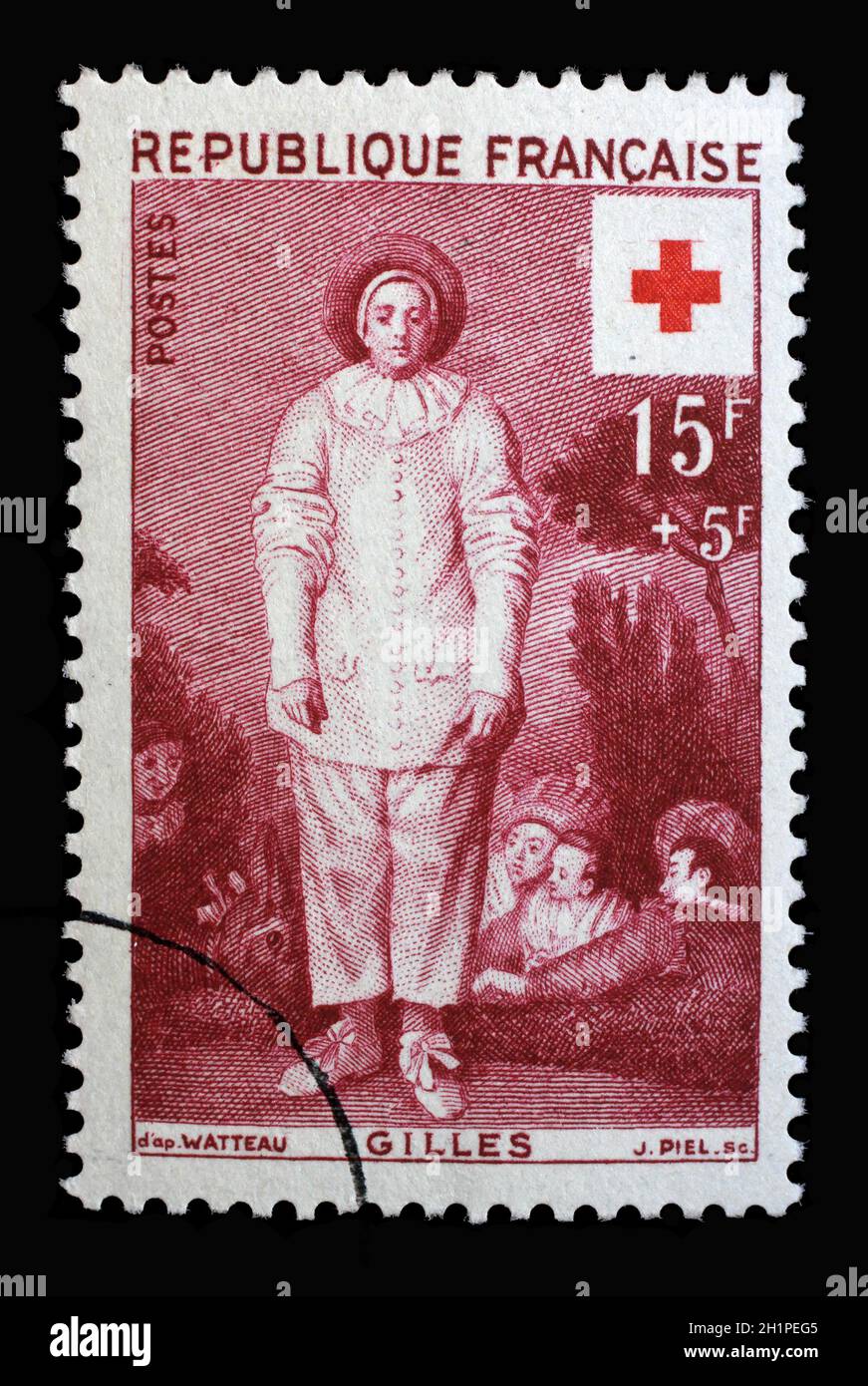 Stamp printed in the France shows Pierrot (Gilles), Painting by Antoine ...
