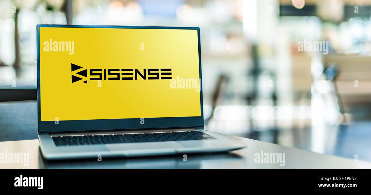 POZNAN, POL - NOV 12, 2020: Laptop computer displaying logo of Sisense ...