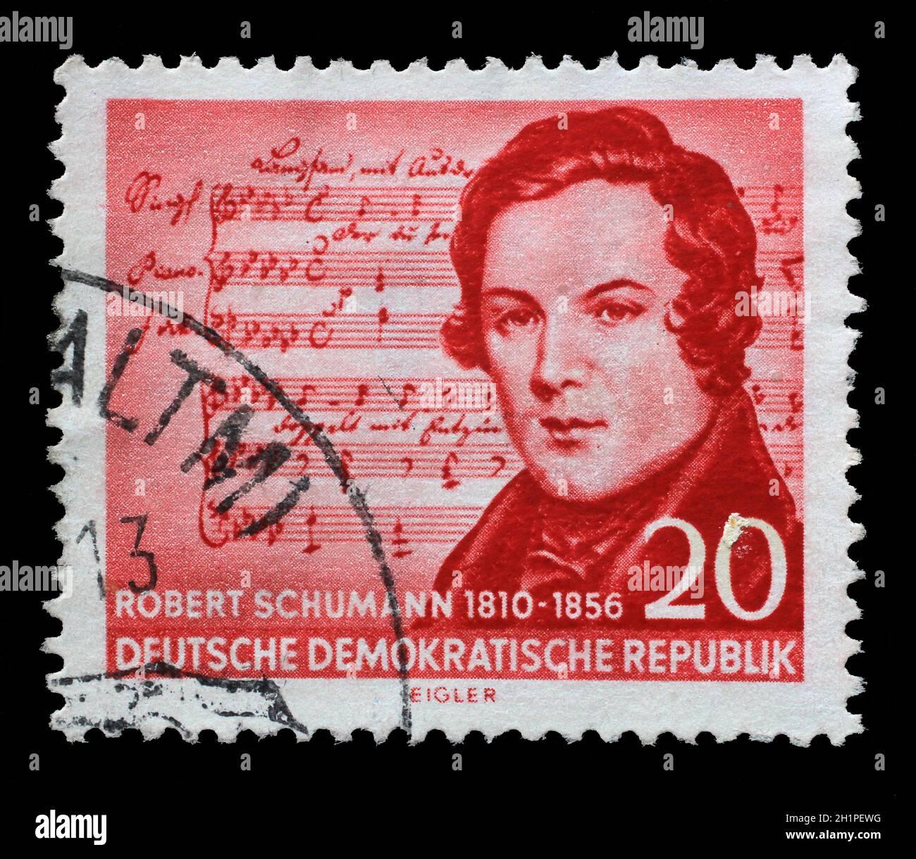 Stamp printed in GDR shows Robert Schumann (1810-1856), (Music by ...