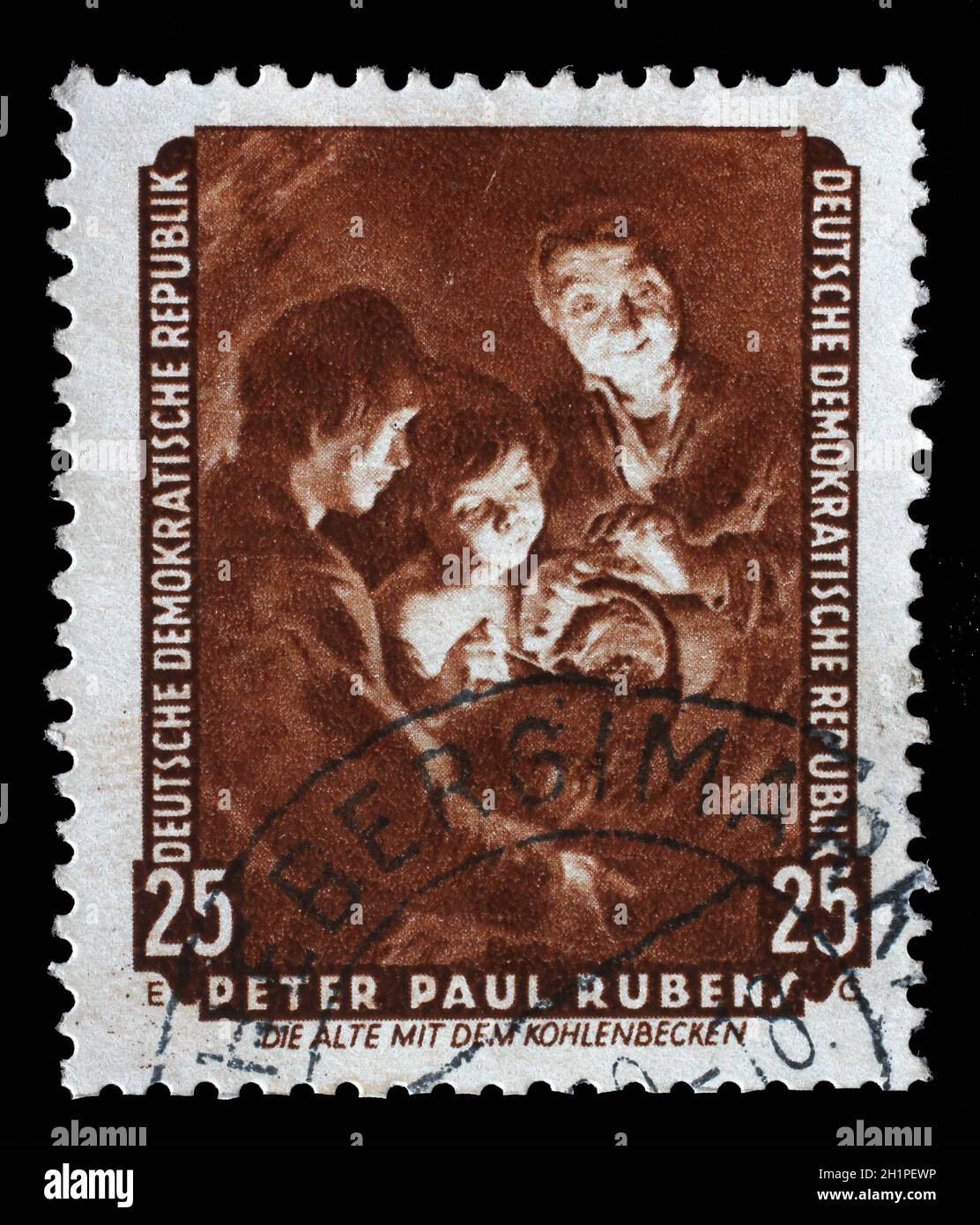 Stamp printed in DDR shows the painting Old woman with a brazier, by ...