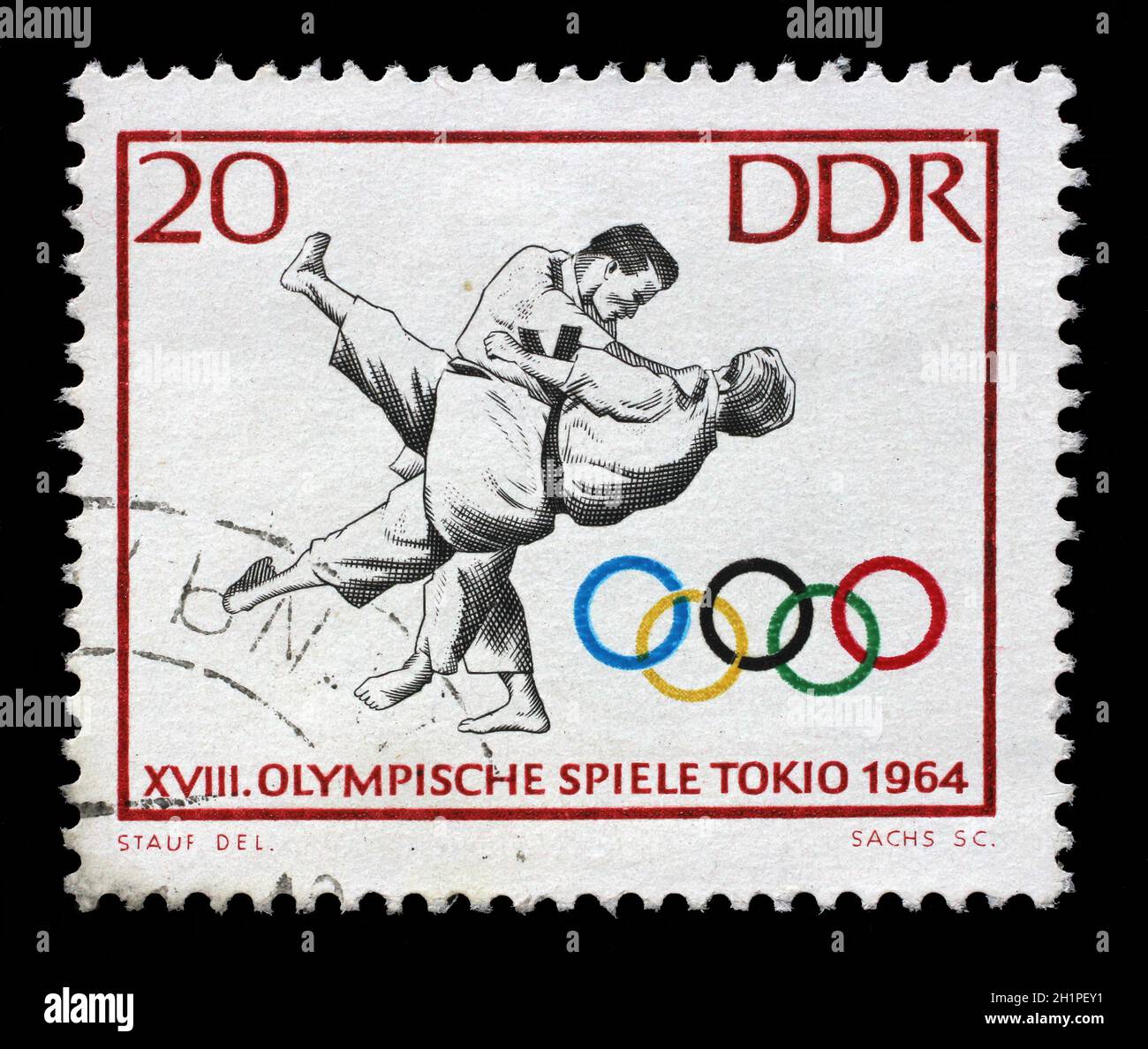 Stamp printed in GDR shows Judo, 18th Olympic Games, Tokyo 64, circa ...