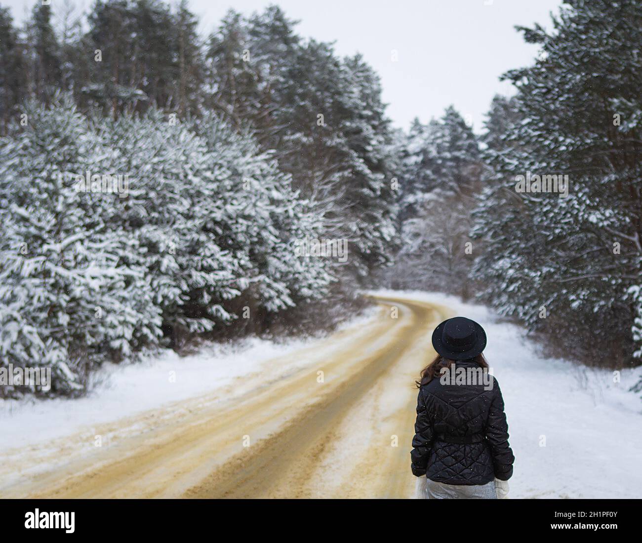 Beautiful snowy day, blizzard. The girl stands with her back in the ...