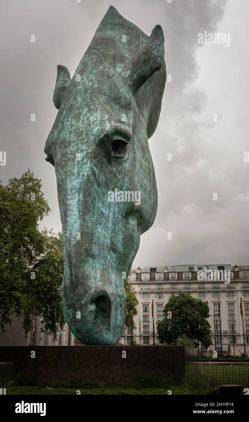 Horse head statue called Still Water in the city of London, UK Stock ...
