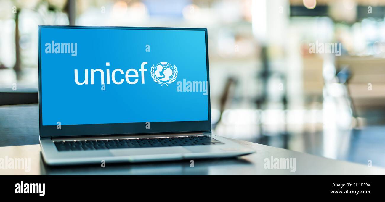 POZNAN, POL - NOV 12, 2020: Laptop computer displaying logo of UNICEF ...