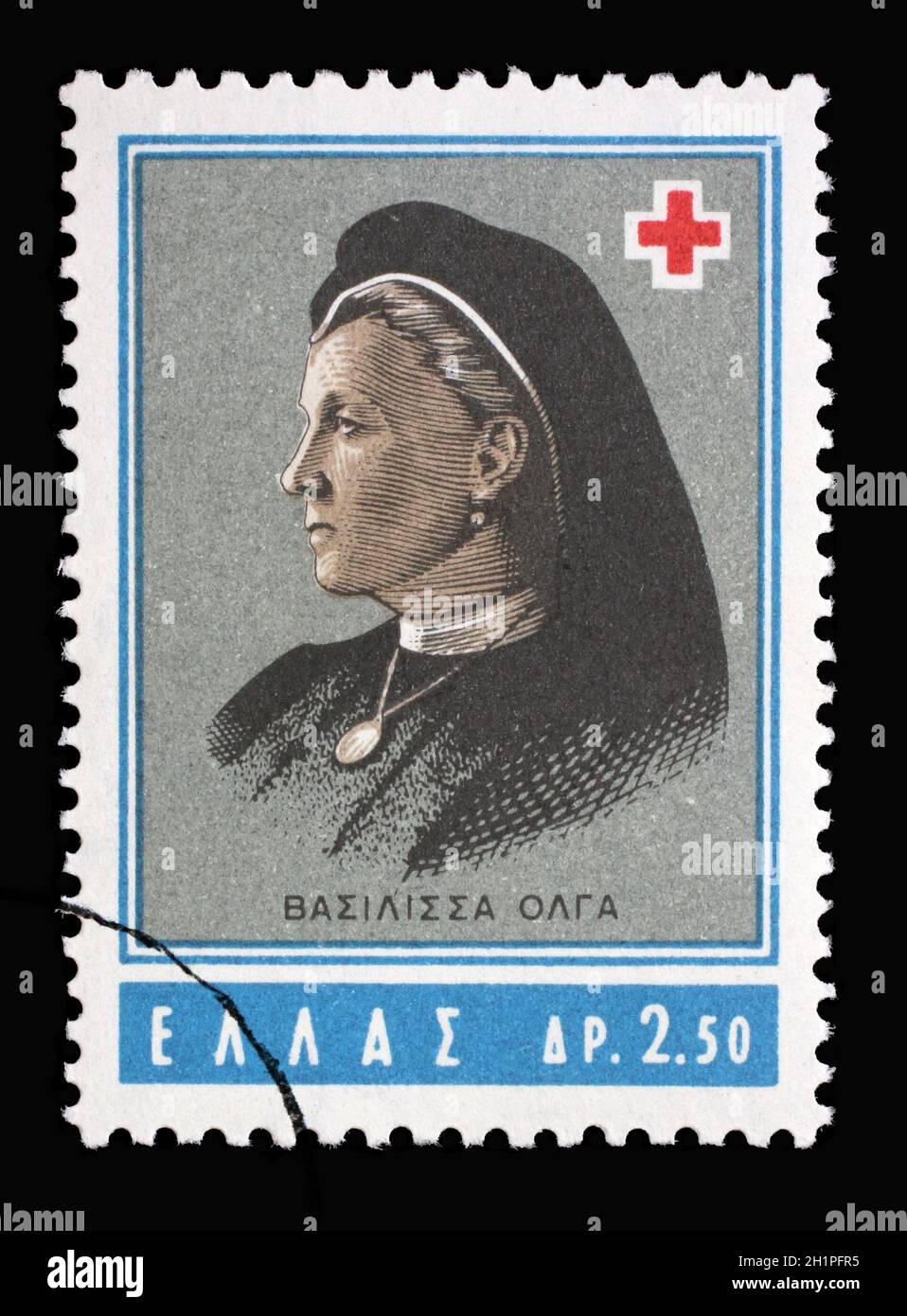 Stamp printed by Greece shows Queen Olga, founder of Greek Red Cross ...