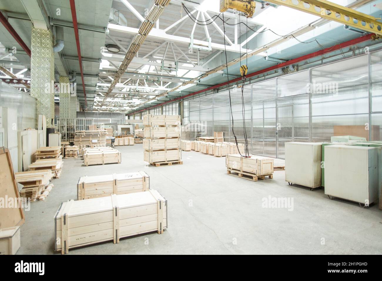 Factory premises for storing products. Large, tall hangar in a factory ...