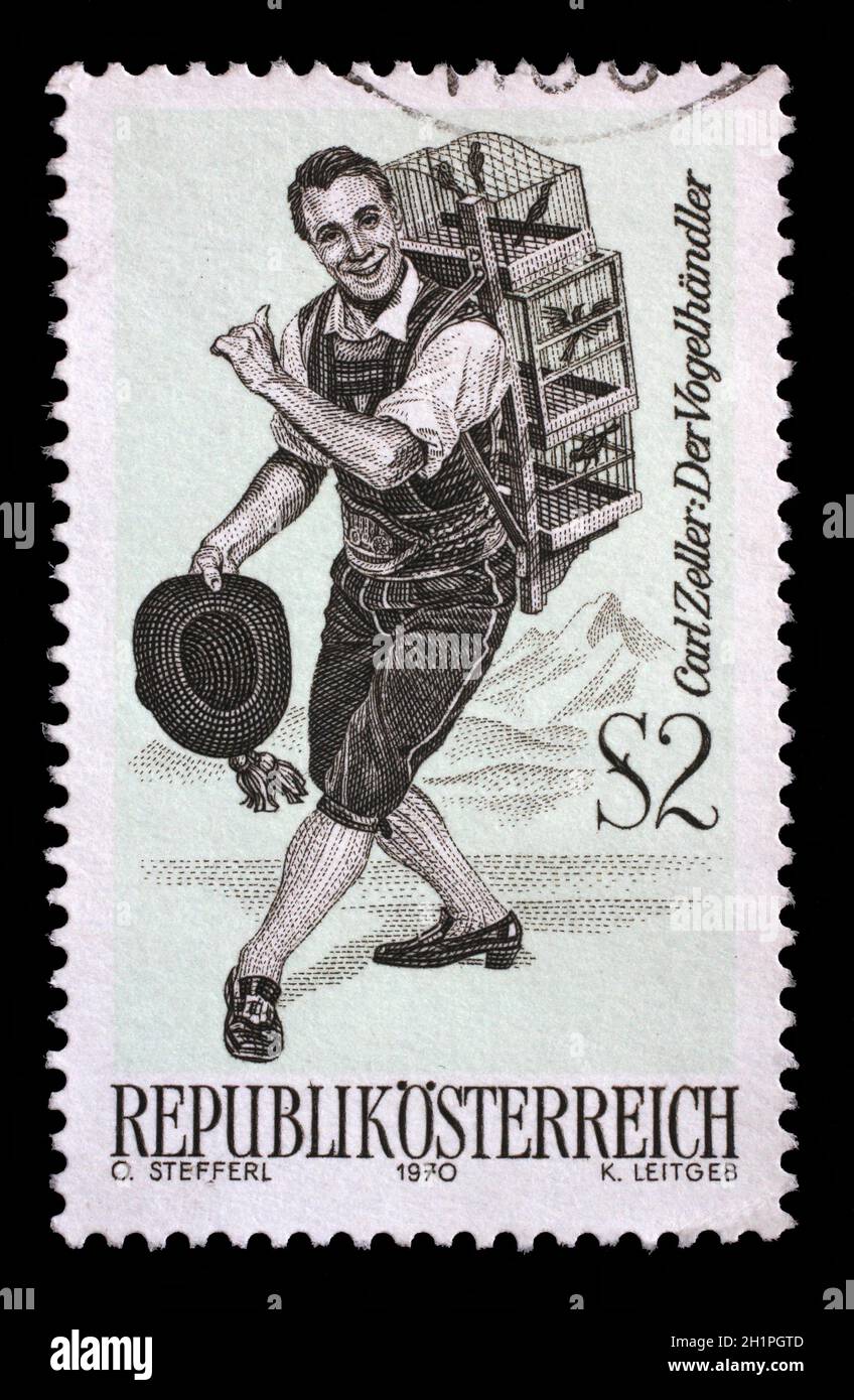Stamp printed in Austria, shows the character of the operetta The Bird ...