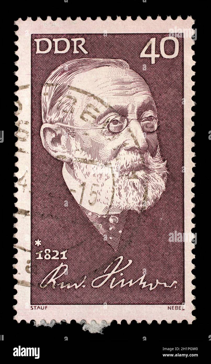 Stamp printed in GDR shows The 150th Anniversary of the Birth of Rudolf ...