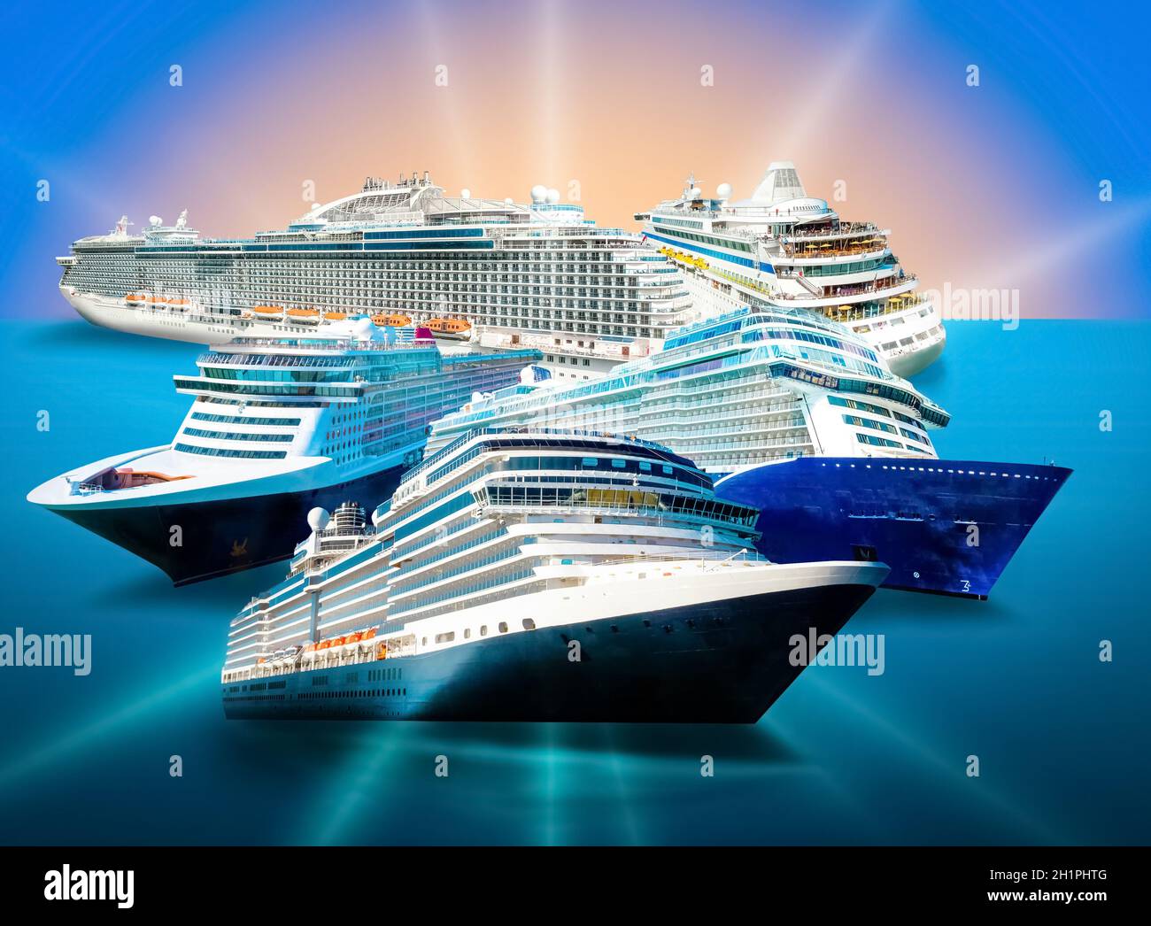 Abstract cruise ships or big liners in open water. Collage about travel ...