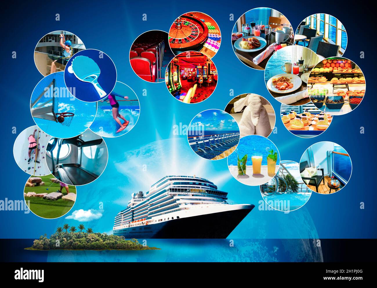 Collage about abstract cruise ship and sport activity. Happy cruise and ...