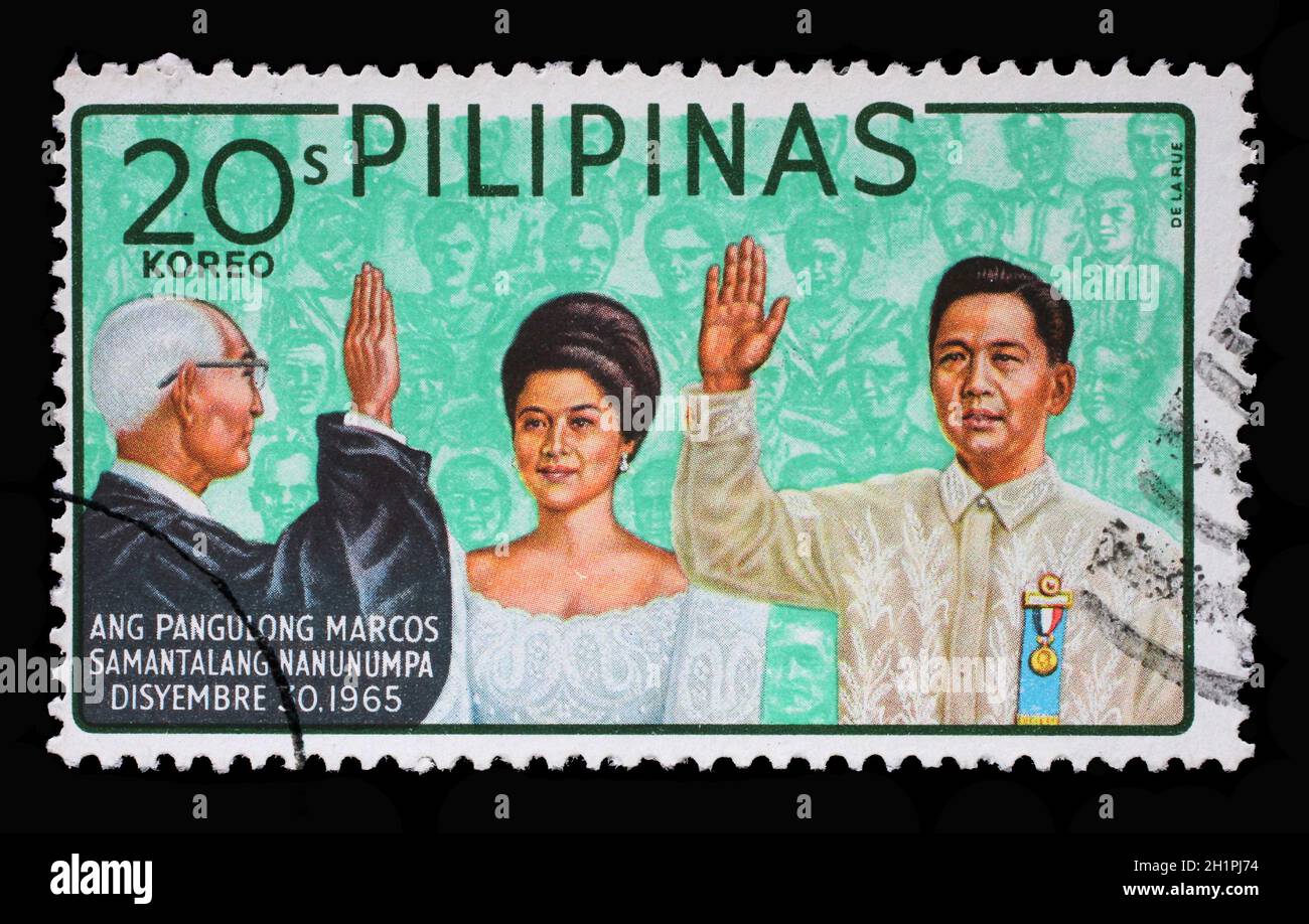 Stamp printed in Philippines shows Ferdinand Marcos Inauguration, circa ...