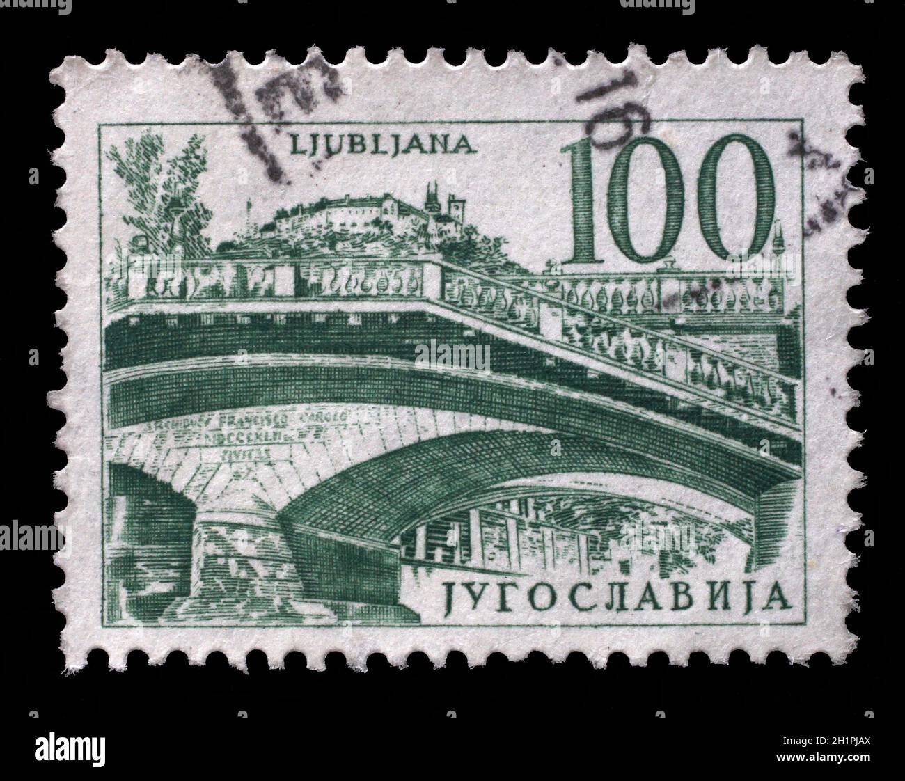 Stamp printed in Yugoslavia shows Triple bridge, Ljubljana, circa 1958 ...