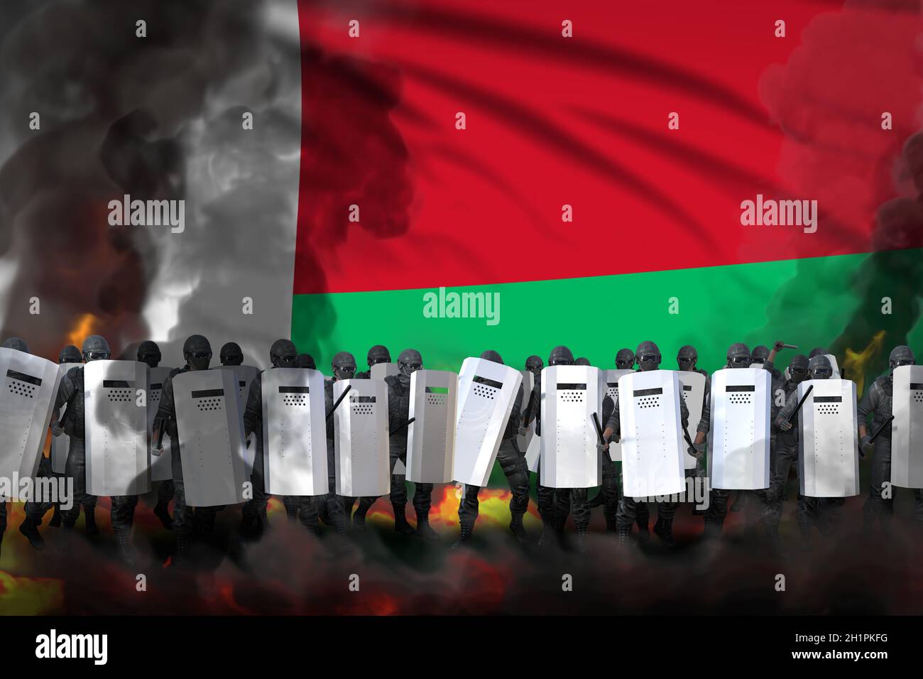 Madagascar police guards in heavy smoke and fire protecting state ...