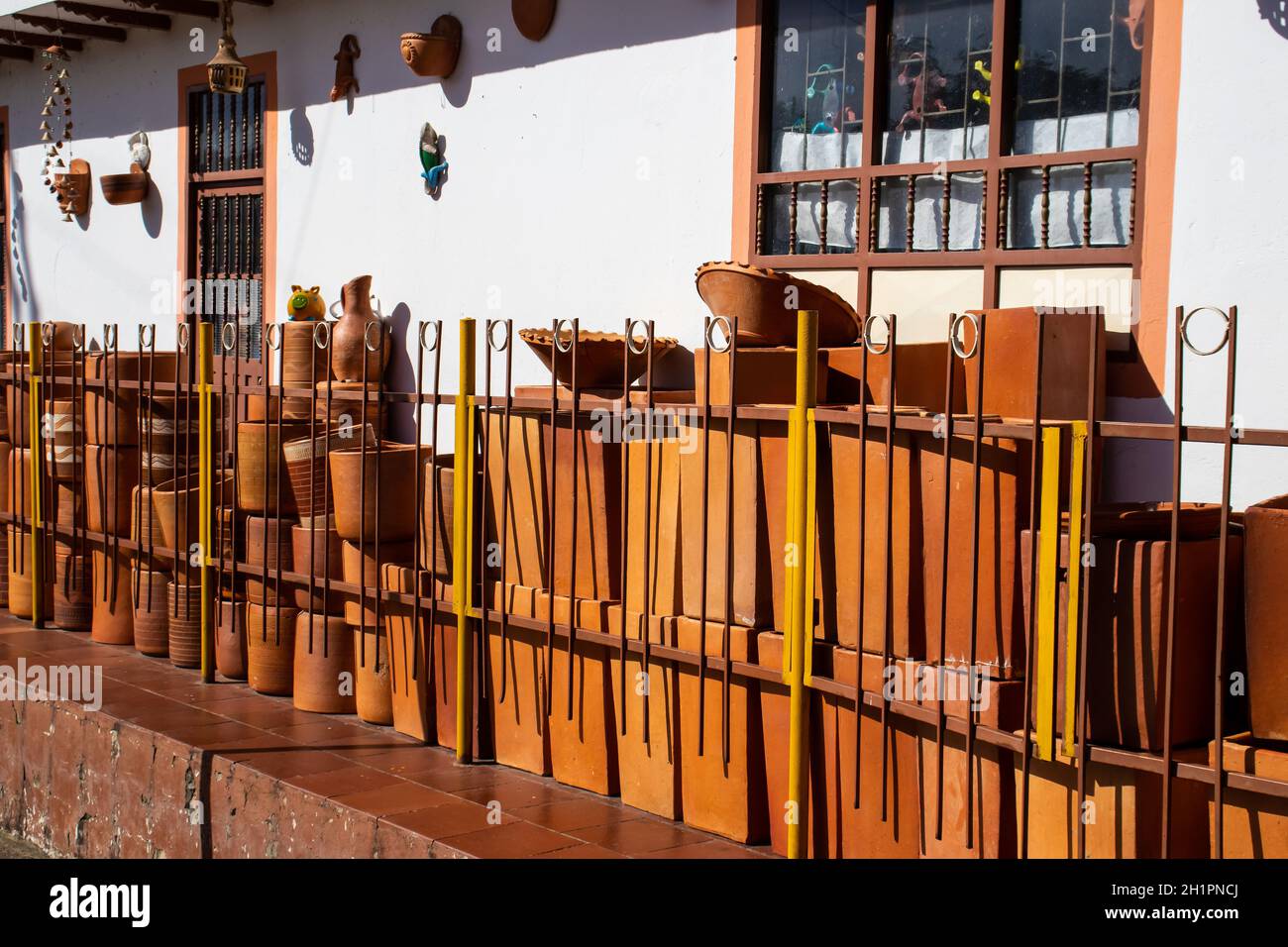 Traditional pots at the beautiful small city of Raquira in Colombia ...