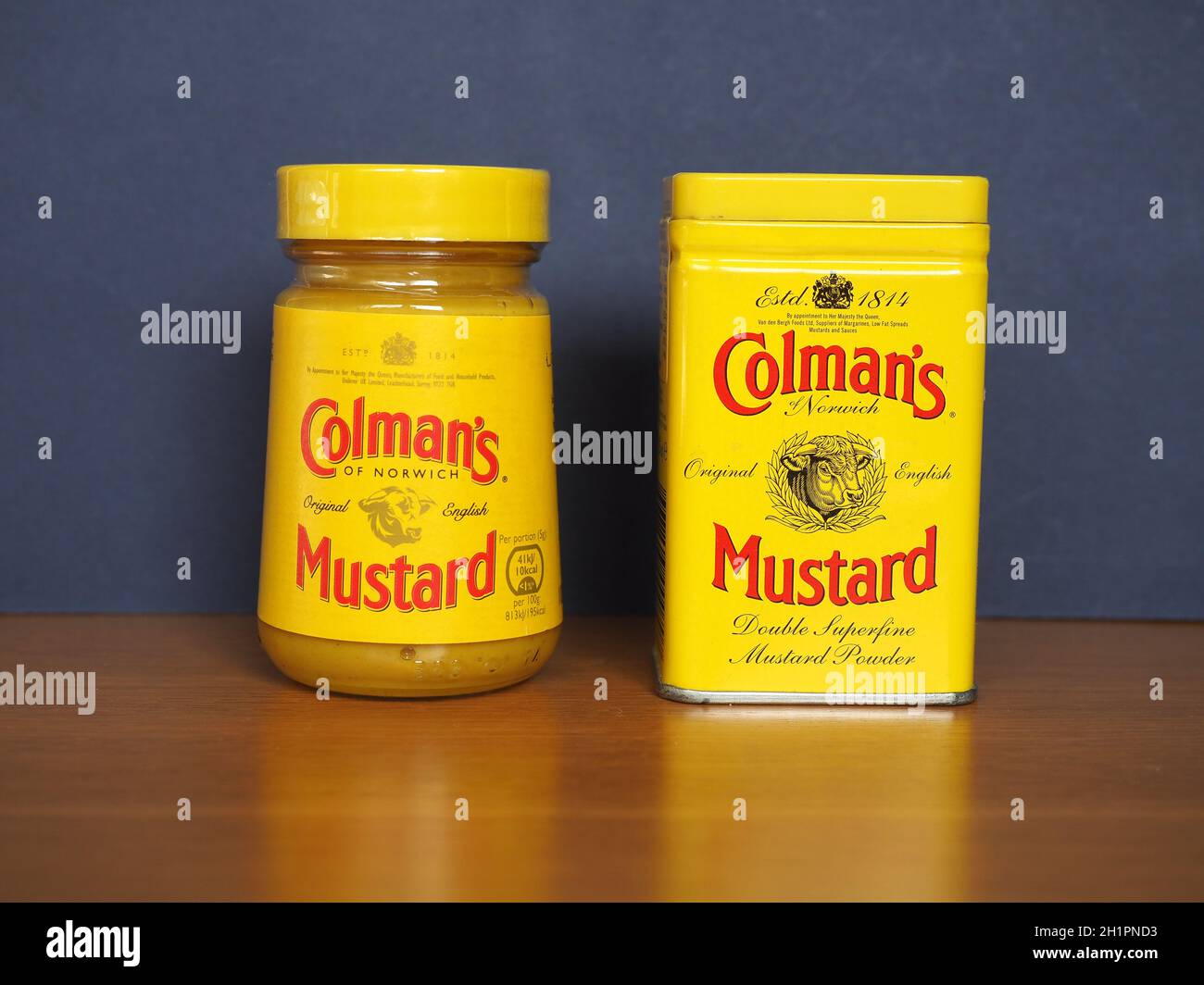 NORWICH, UK - CIRCA FEBRUARY 2021: Jar and box of of Colman's Mustard ...