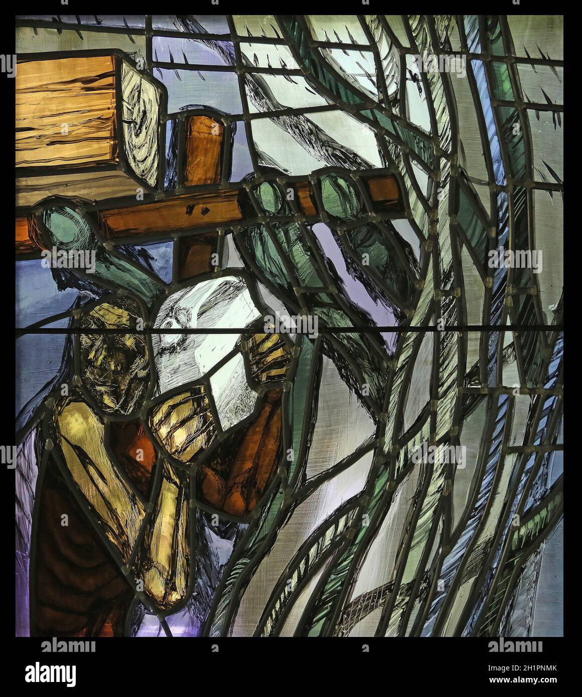 Simon of Cyrene carries the cross, detail of stained glass window by ...