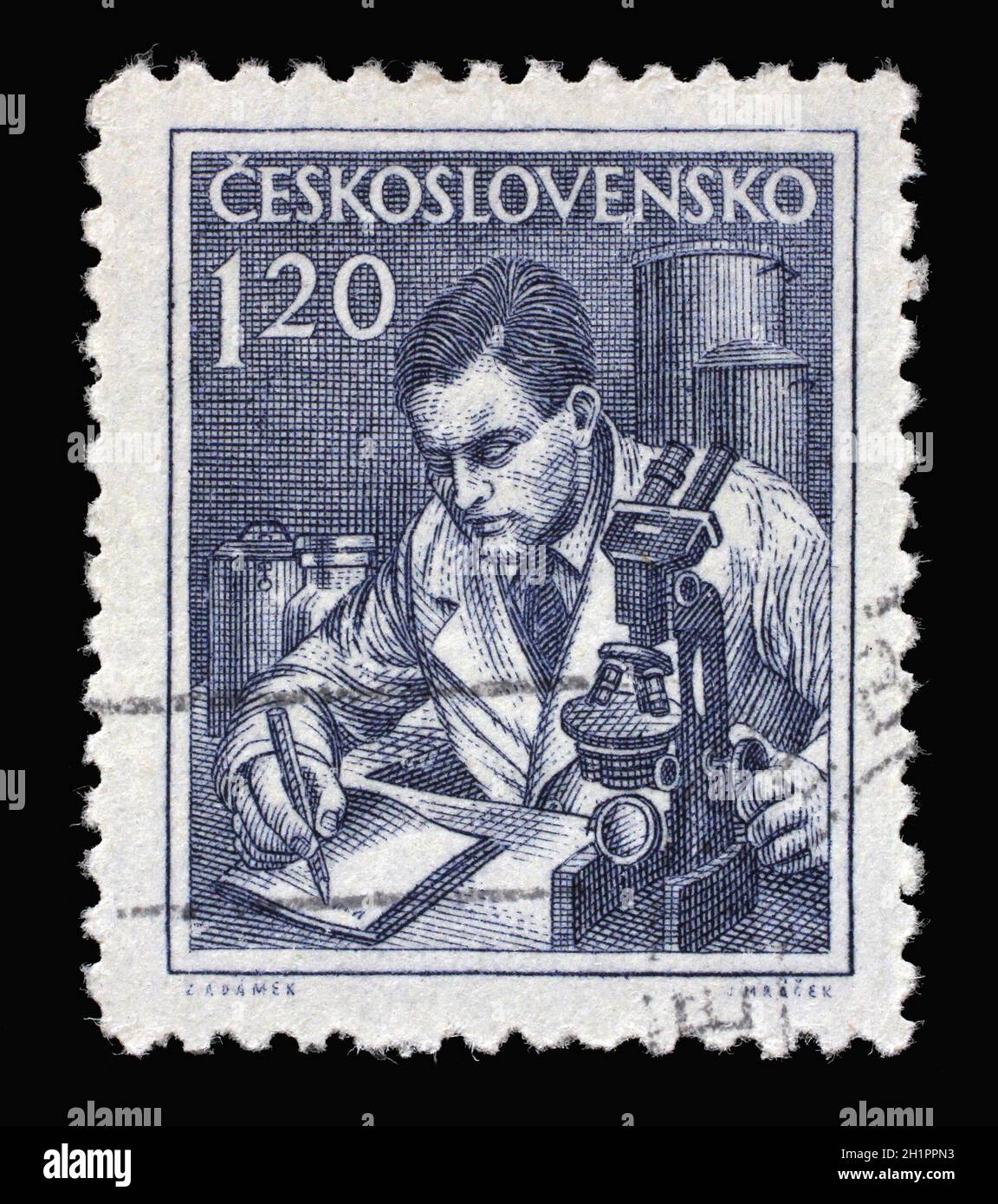 Stamp printed in Czechoslovakia shows Scientist, Professions series ...