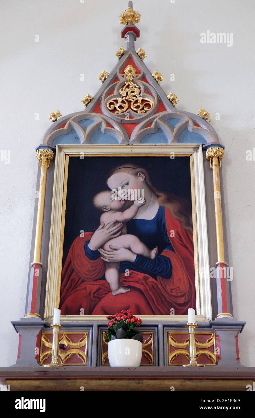 Virgin Mary altar in the Saint Nicholas church in Petschied near Luson ...