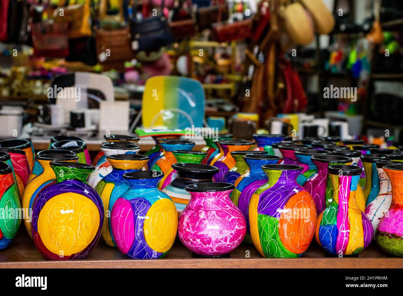 RAQUIRA, COLOMBIA - FEBRUARY 2021. Beautiful handiccrafts at the small ...