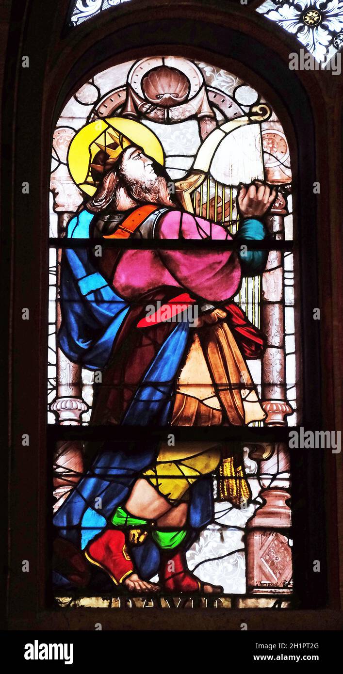 King David, stained glass window in Saint-Eustache church in Paris ...