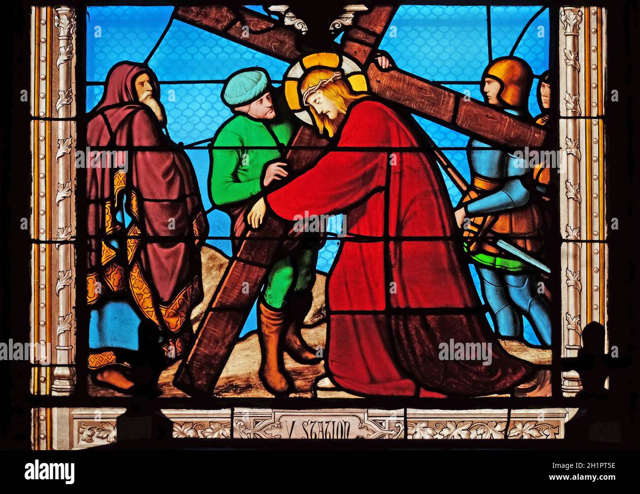 5th Stations of the Cross, Simon of Cyrene carries the cross, stained ...