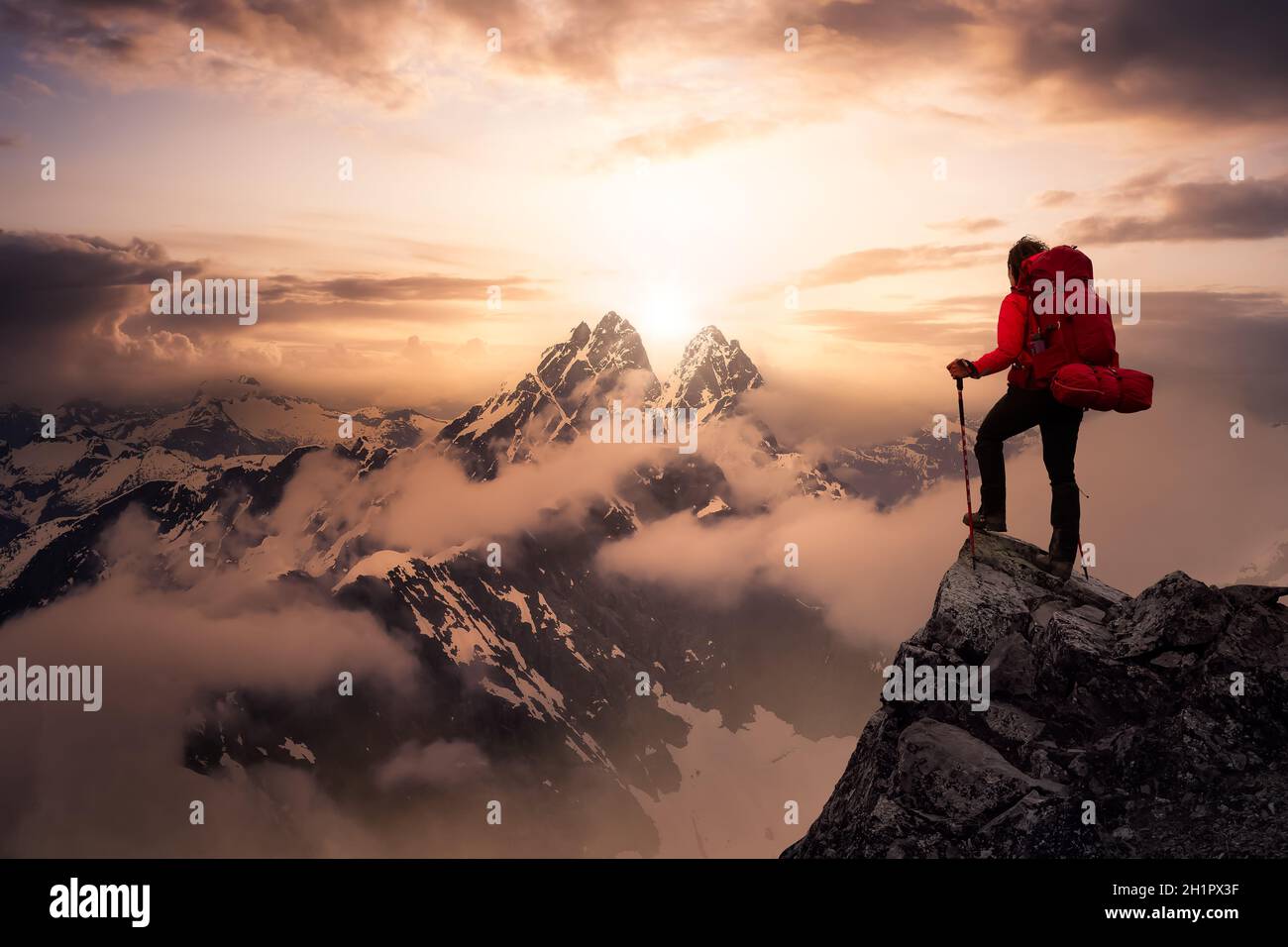 Fantasy Adventure Composite with a Girl on top of a Mountain Cliff with ...